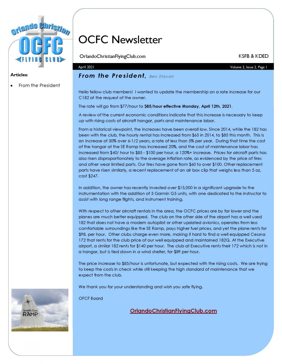 OCFC - Special Announcement from the President - OrlandoChristianFlyingClub